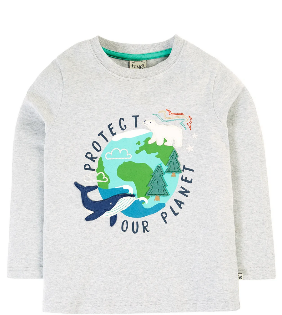 Frugi Adventure Applique Top In Grey Marl/Protect Your Planet — Maple Gifts