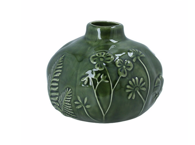 Gisela Graham Green Earthenware Bumpy Round Flora Fauna Vase — Maple Gifts